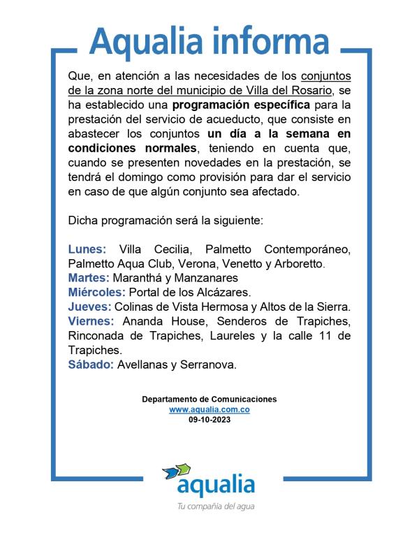 PROGRAMACIÓN DE TURNOS CONJUNTOS Y URBANIZACIONES ZONA NORTE, VILLA DEL ROSARIO. - Aqualia